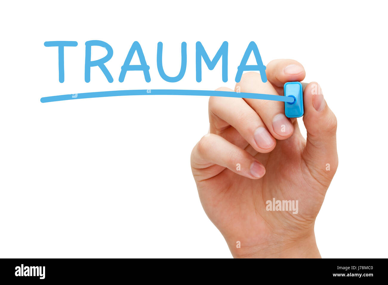 Hand writing Trauma with blue marker on transparent wipe board Stock ...