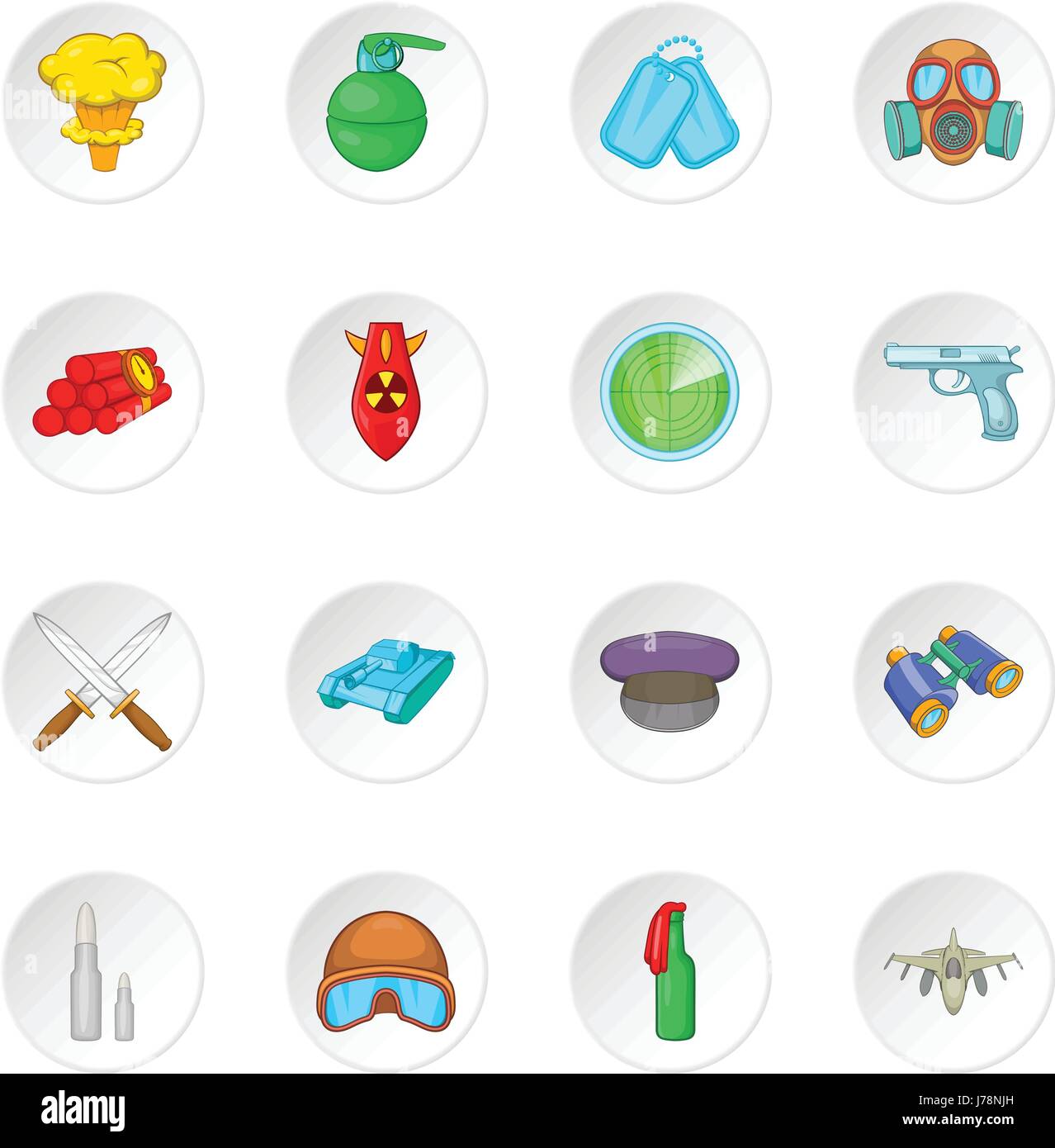 War icons set in cartoon style. Military equipment set collection ...