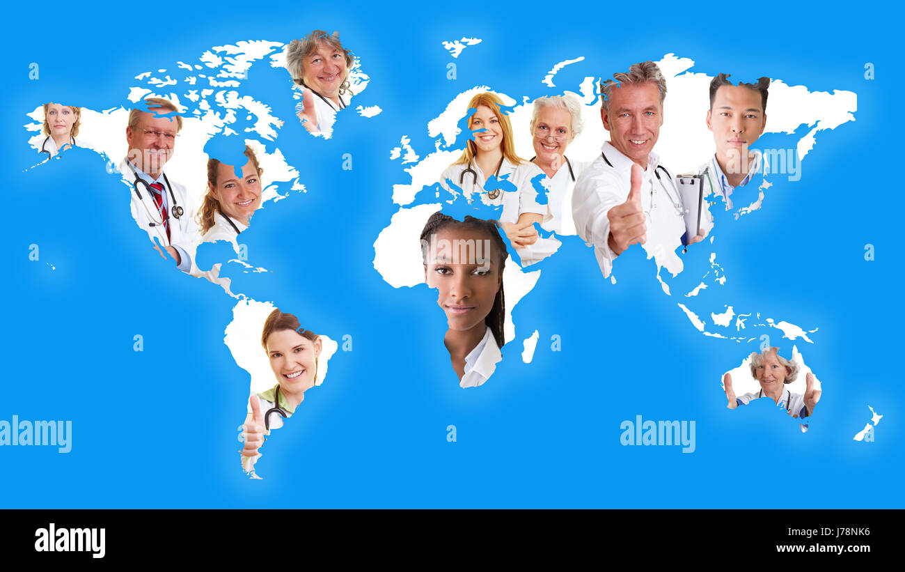 World map with many doctors as international cooperation network with ...