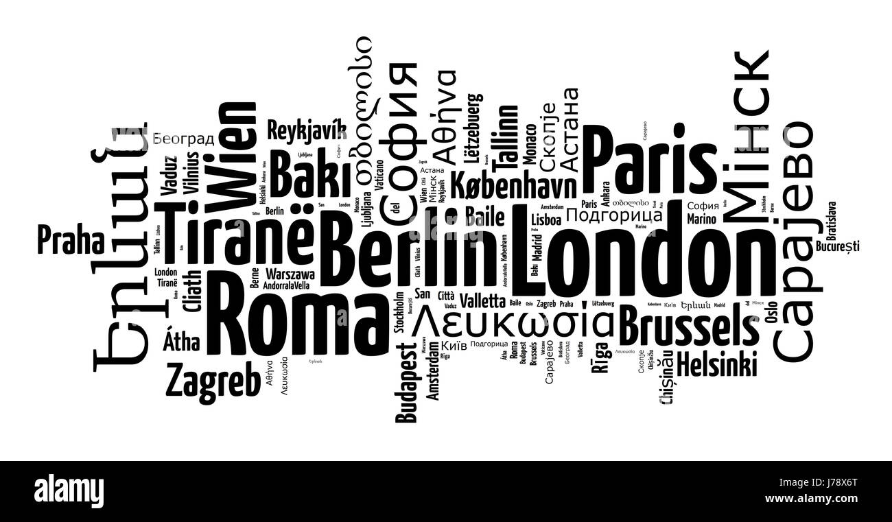 Capitals in europe in europe word cloud concept Stock Photo - Alamy