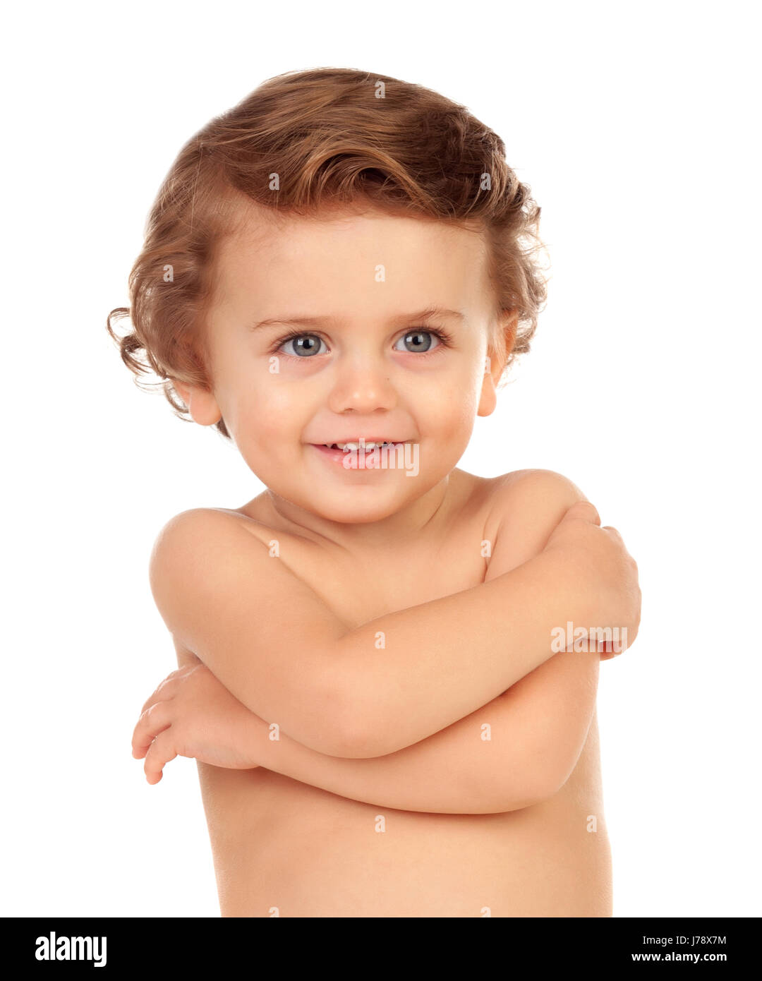 Adorable baby hugging himself isolated on a white background Stock ...