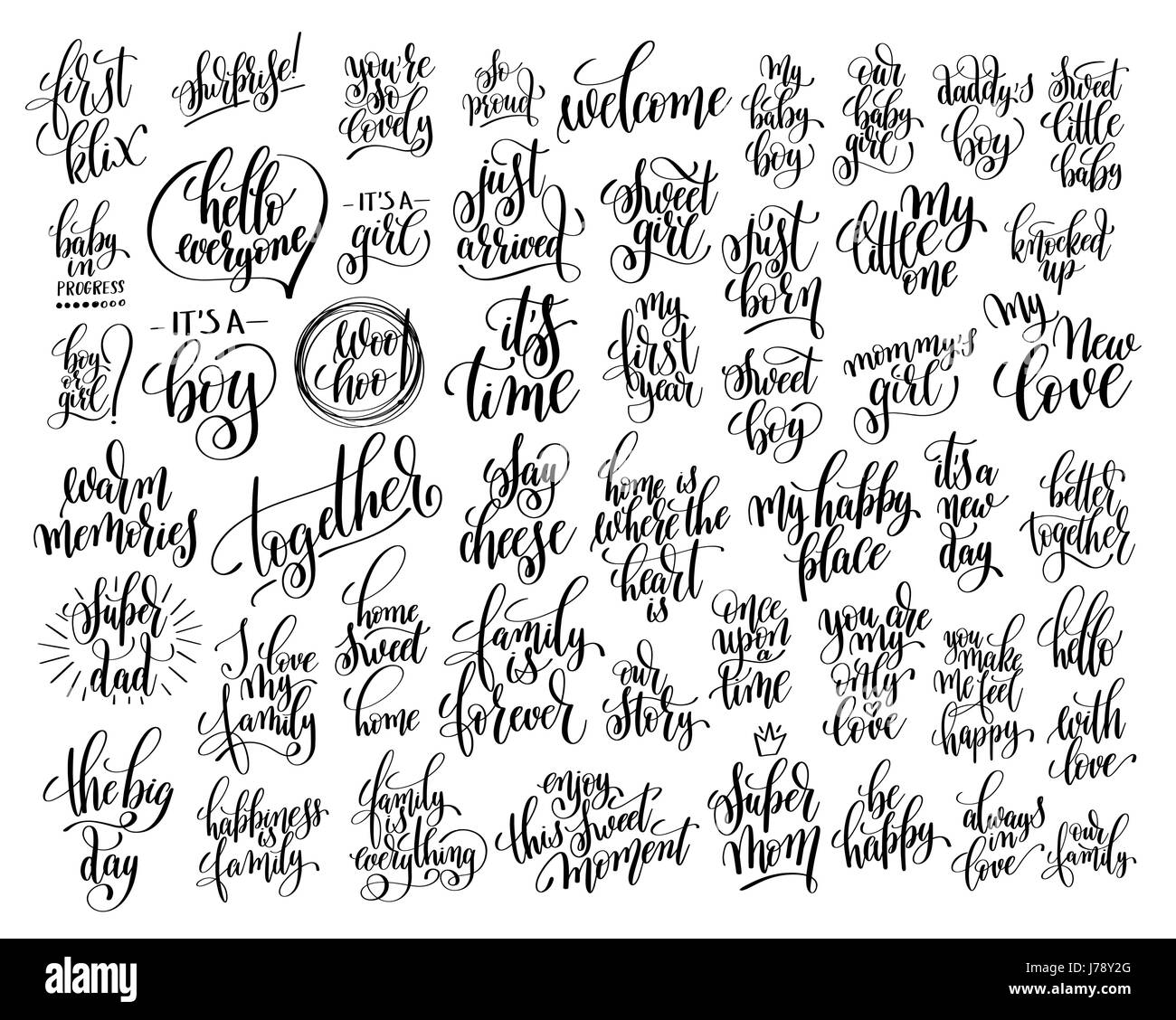 set of 50 hand written lettering about family and baby born Stock ...