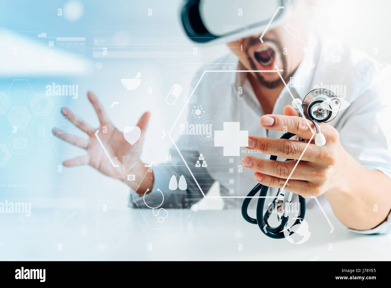 smart doctor wearing virtual reality goggles in modern office with ...