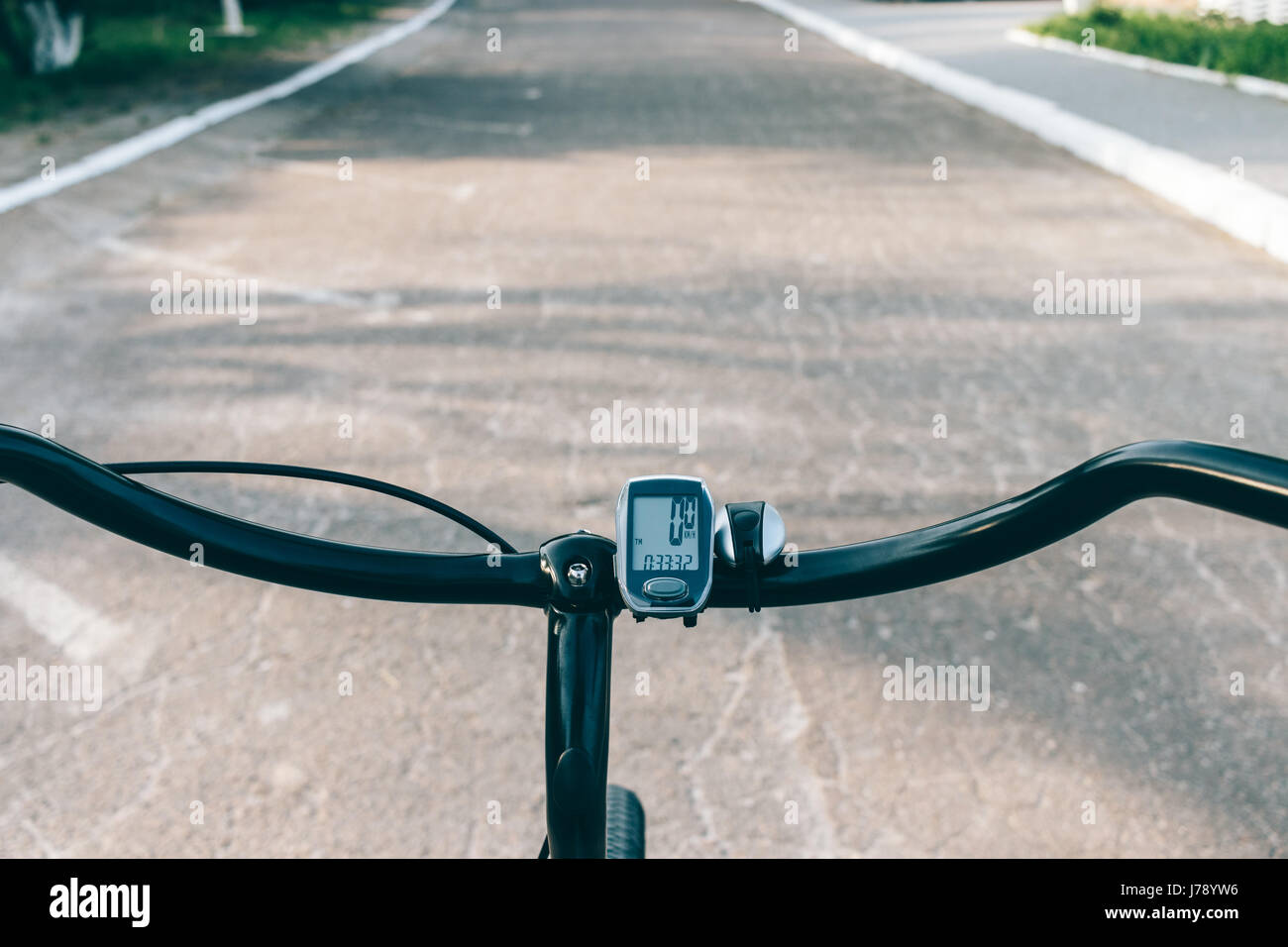 Details Bike: handlebar and on-board computer closeup on the background ...