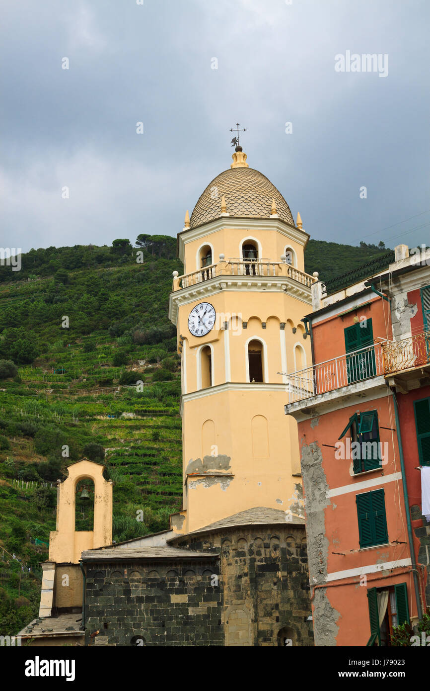 blue house building tower church city town colour hill mountains five ...