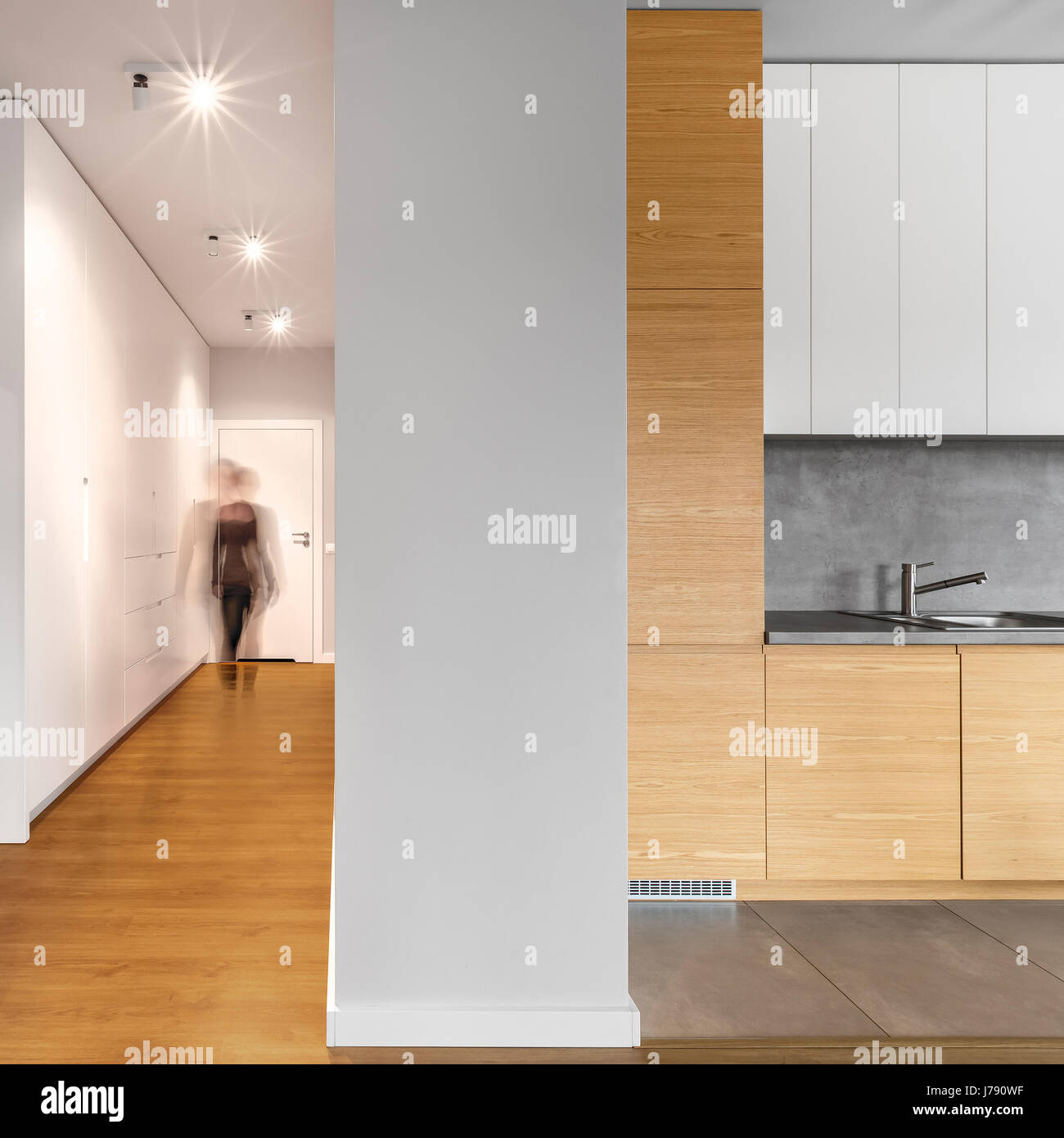 Long modern hallway with large and white wardrobe and wooden floor ...