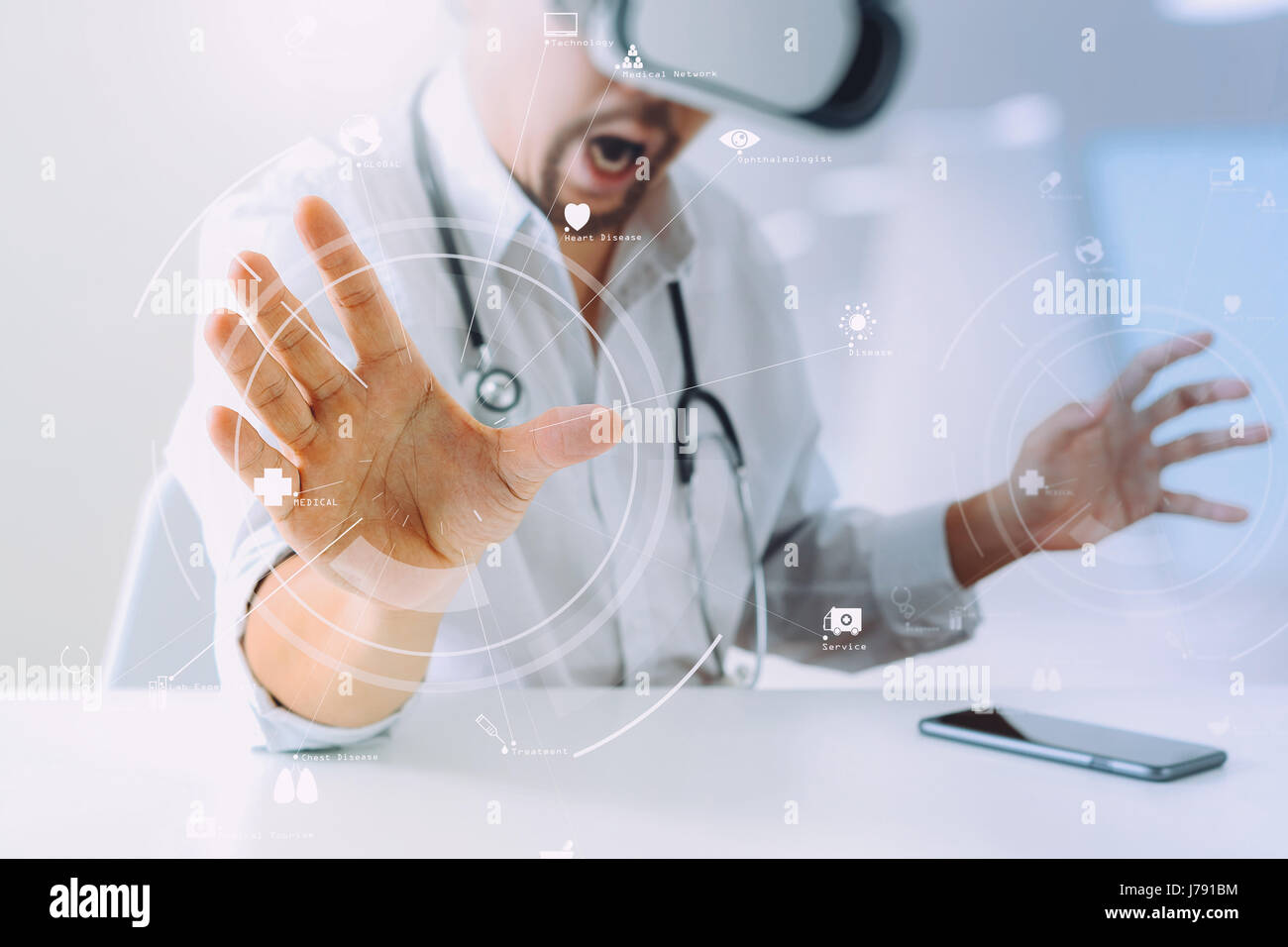 smart doctor wearing virtual reality goggles in modern office with ...