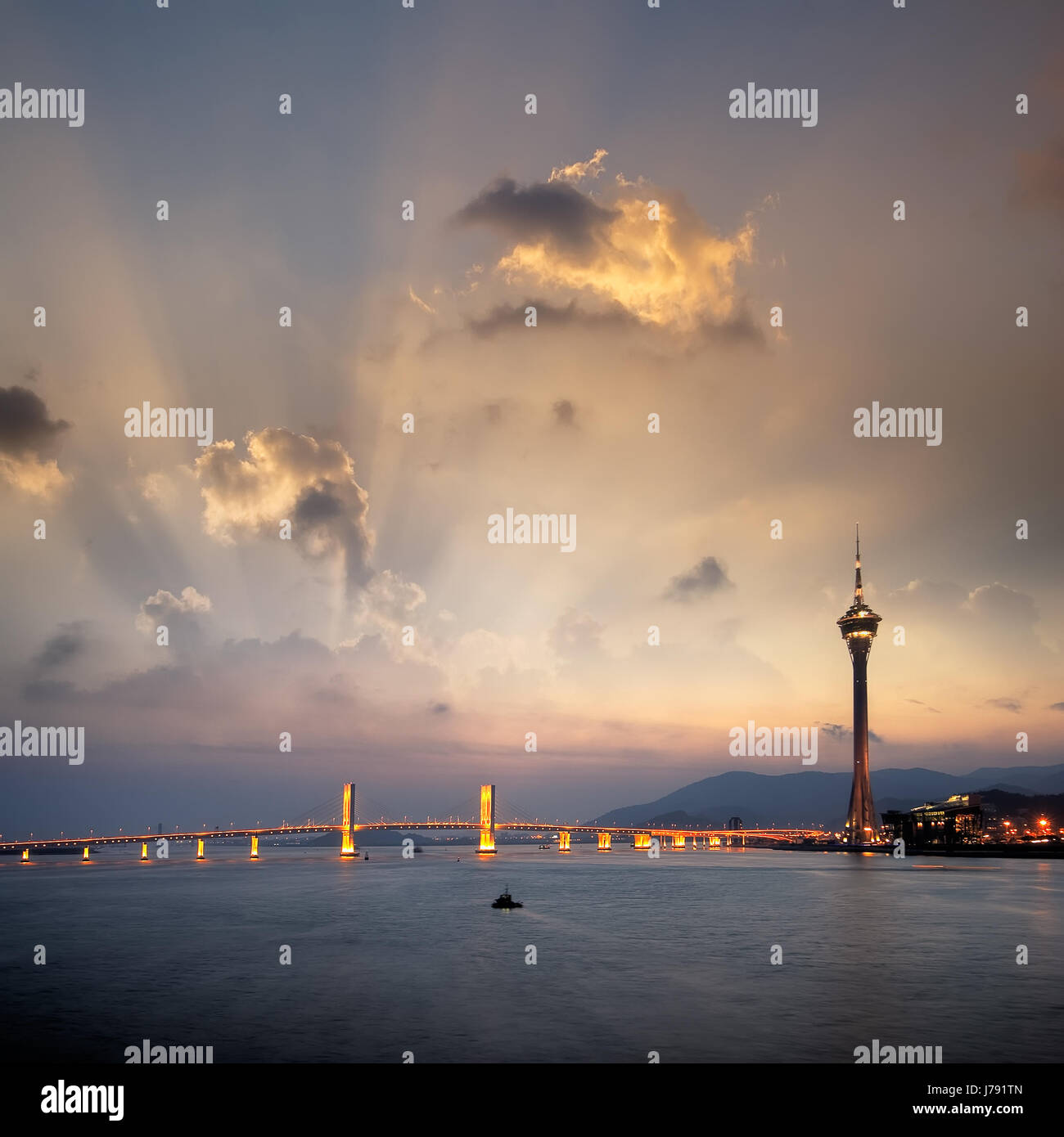city town bridge landmark macau building river water blue tower ...