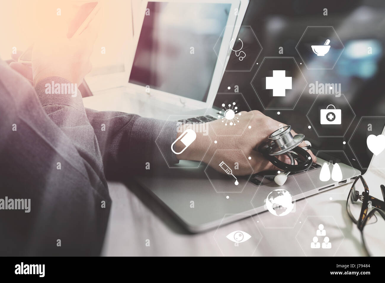 Medical technology concept. Doctor working with smart phone and ...