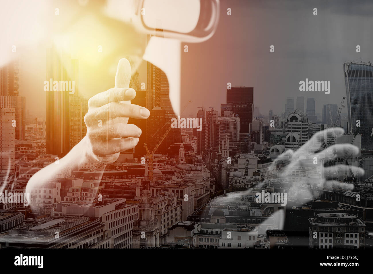 businessman wearing virtual reality goggles in modern office with ...