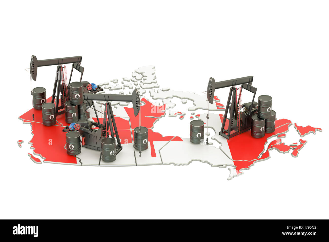 Canadian map with oil barrels and pumpjacks. Oil production concept. 3D ...