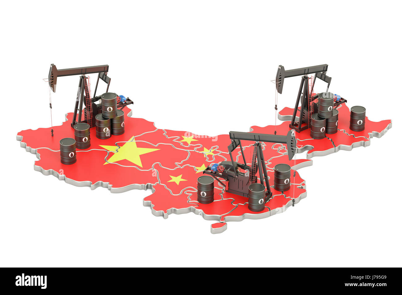 Chinese map with oil barrels and pumpjacks. Oil production concept. 3D ...