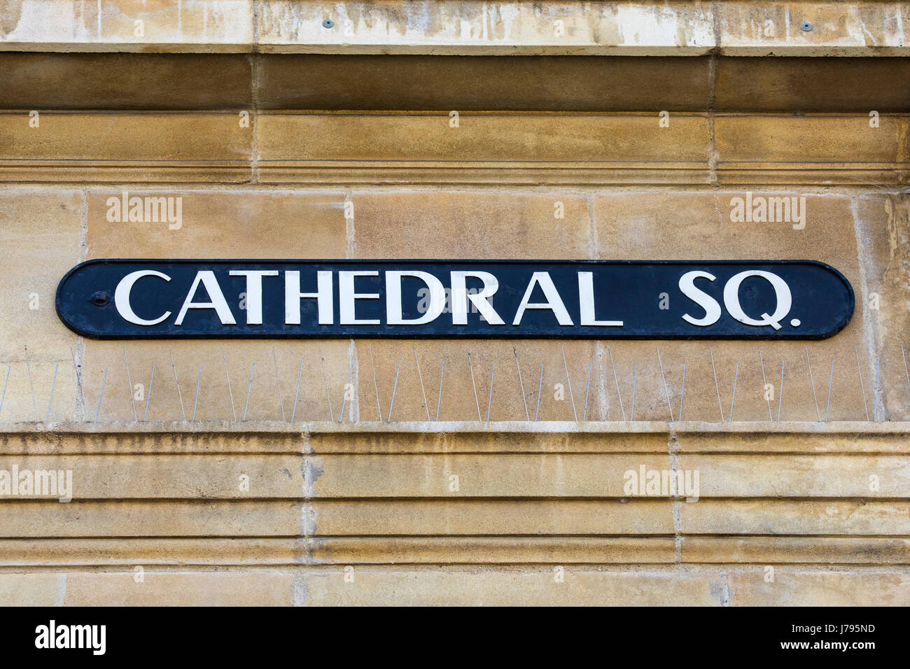 A street sign for Cathedral Square in the historic city of Peterborough ...