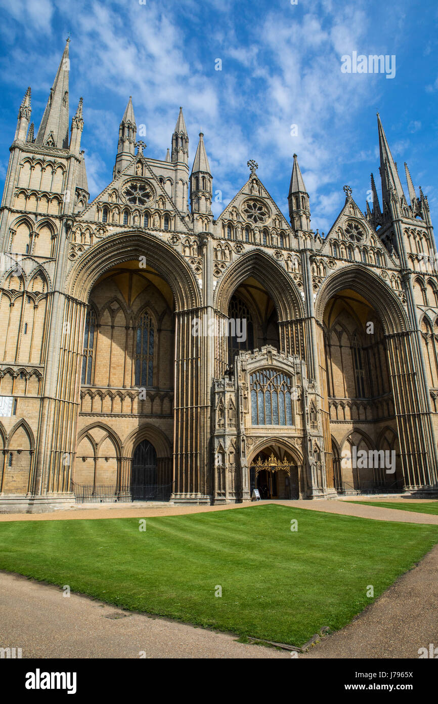 The facade of the magnificent Peterborough Cathedral in the historic ...