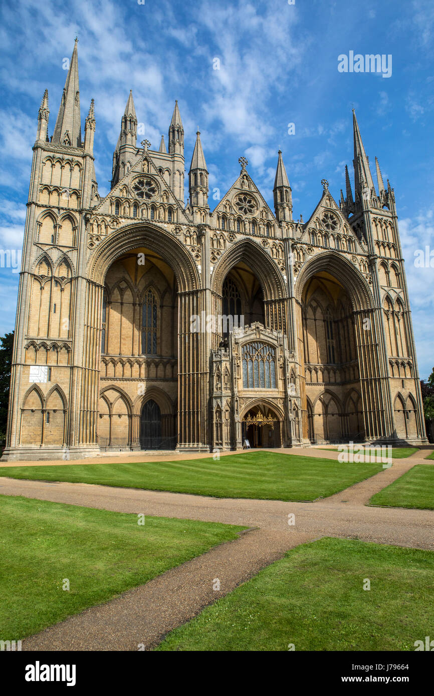 The facade of the magnificent Peterborough Cathedral in the historic ...