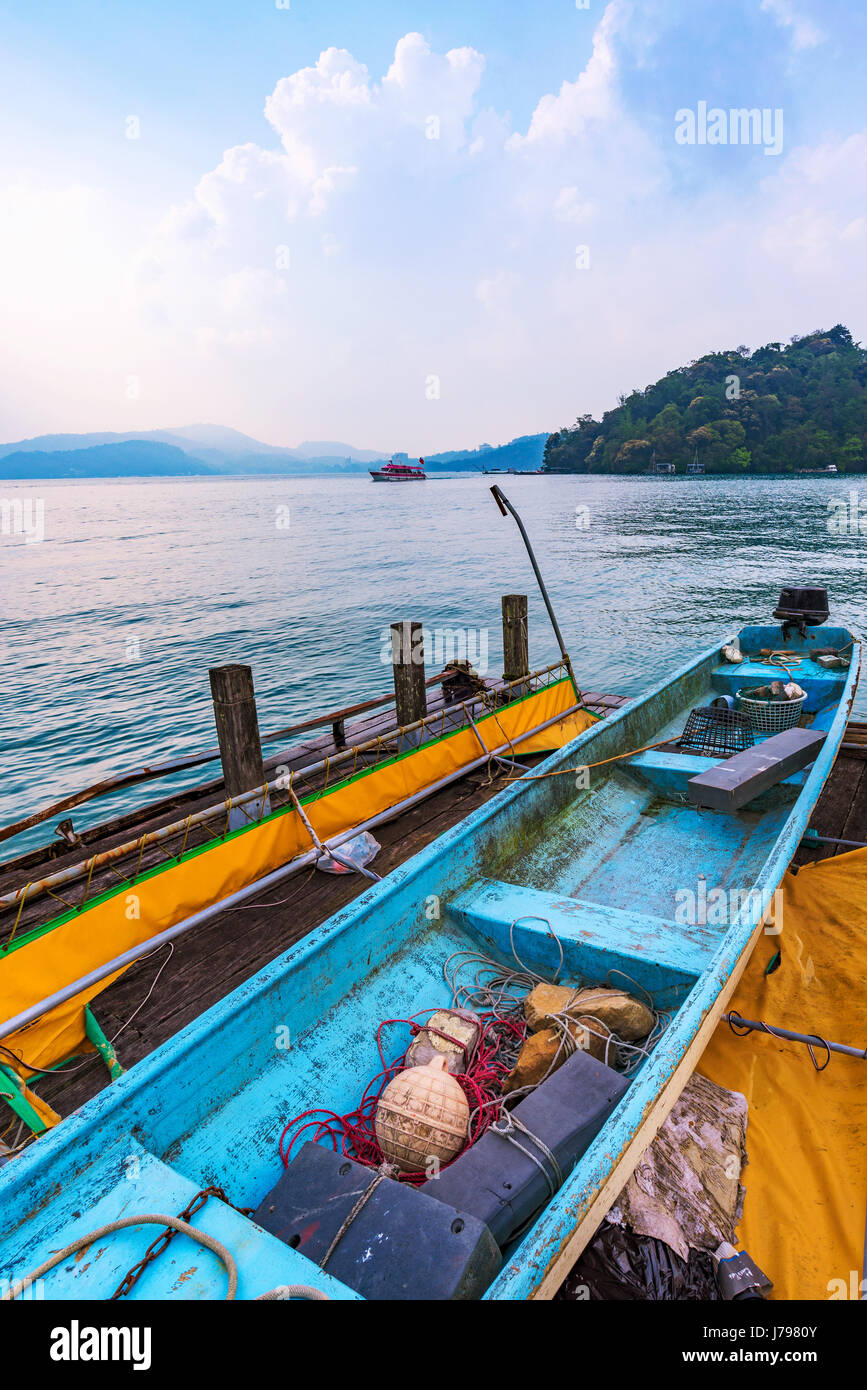 Fishing boat and lake view in Taiwan Stock Photo - Alamy
