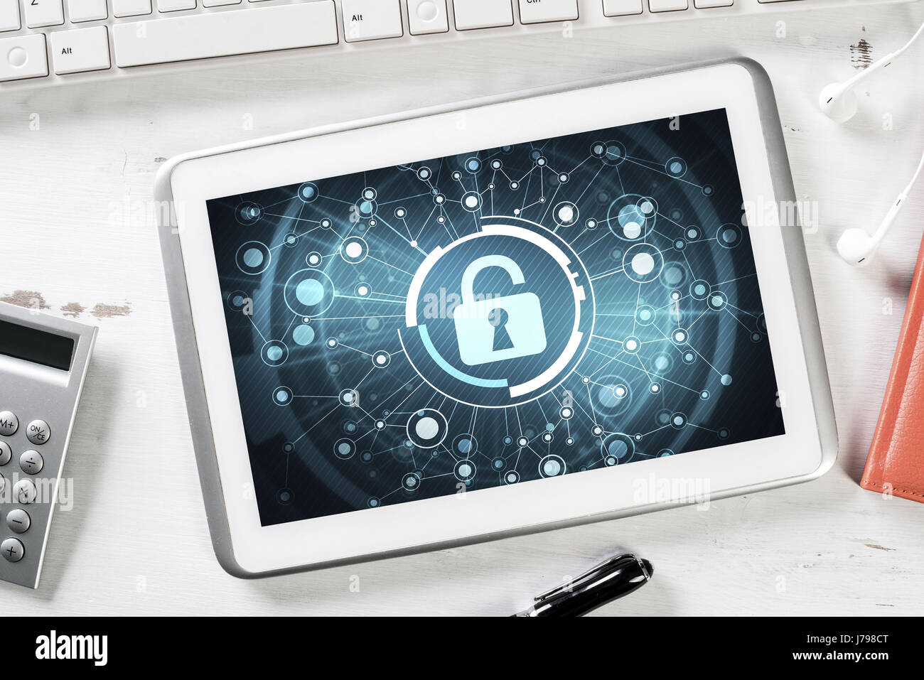 Web security and technology concept with tablet pc on wooden tab Stock ...