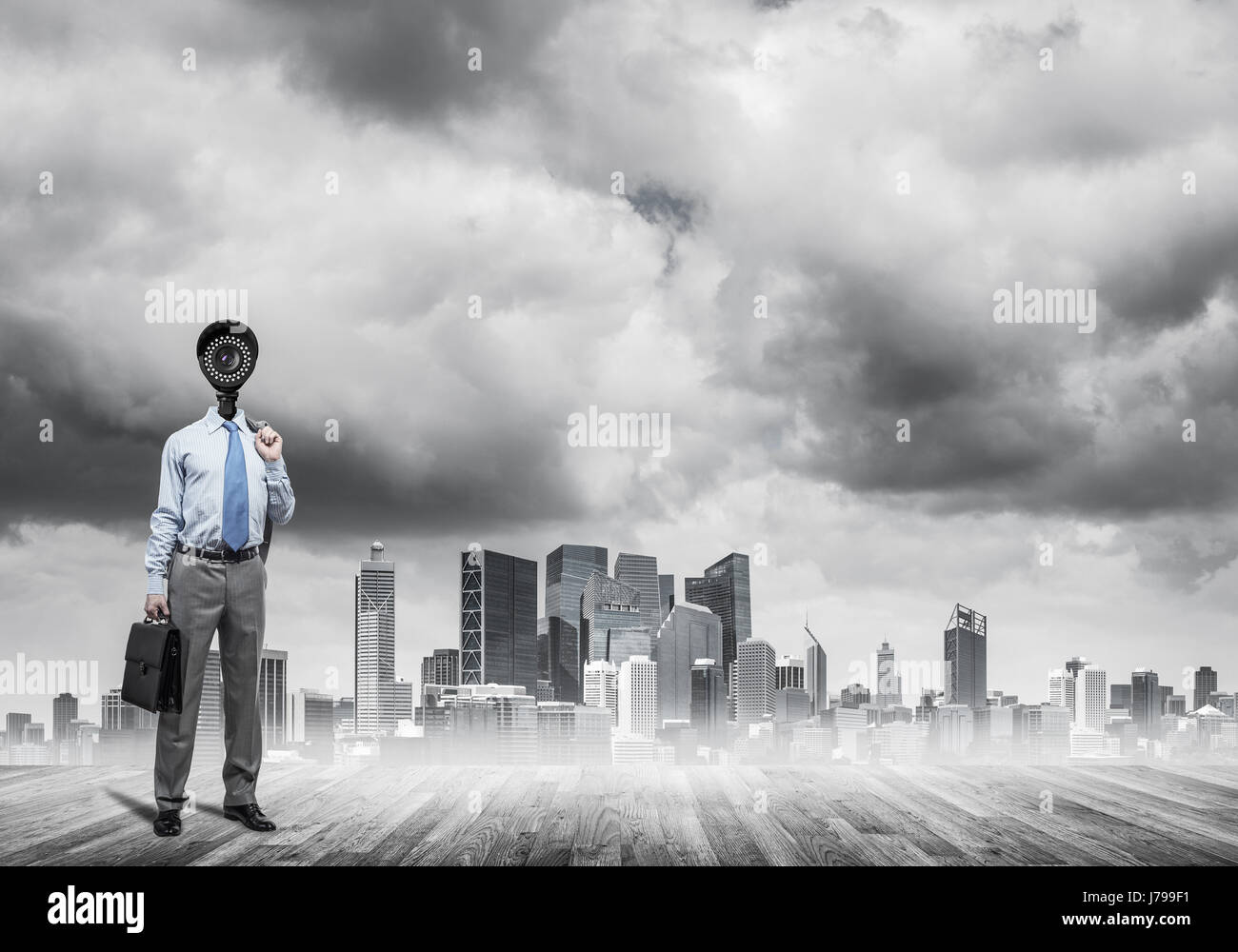 Camera headed man standing on wooden floor against modern citysc Stock ...