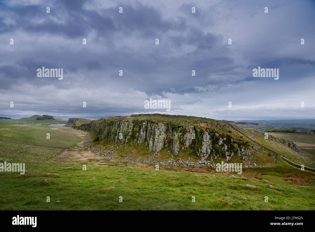 Hadrian's Wall at Steel Rigg with the lake Crag Lough in the distance ...