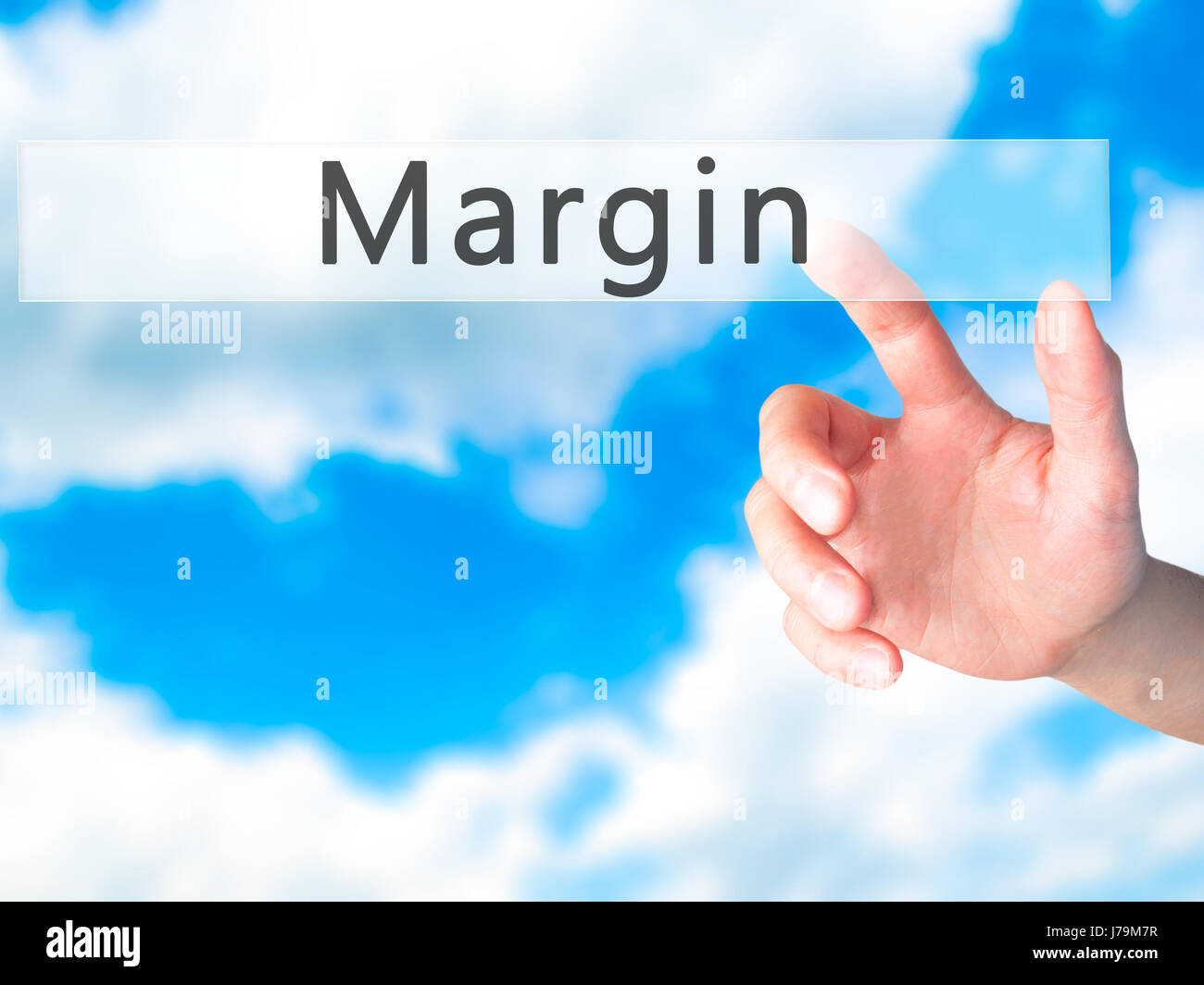 Margin - Hand pressing a button on blurred background concept ...