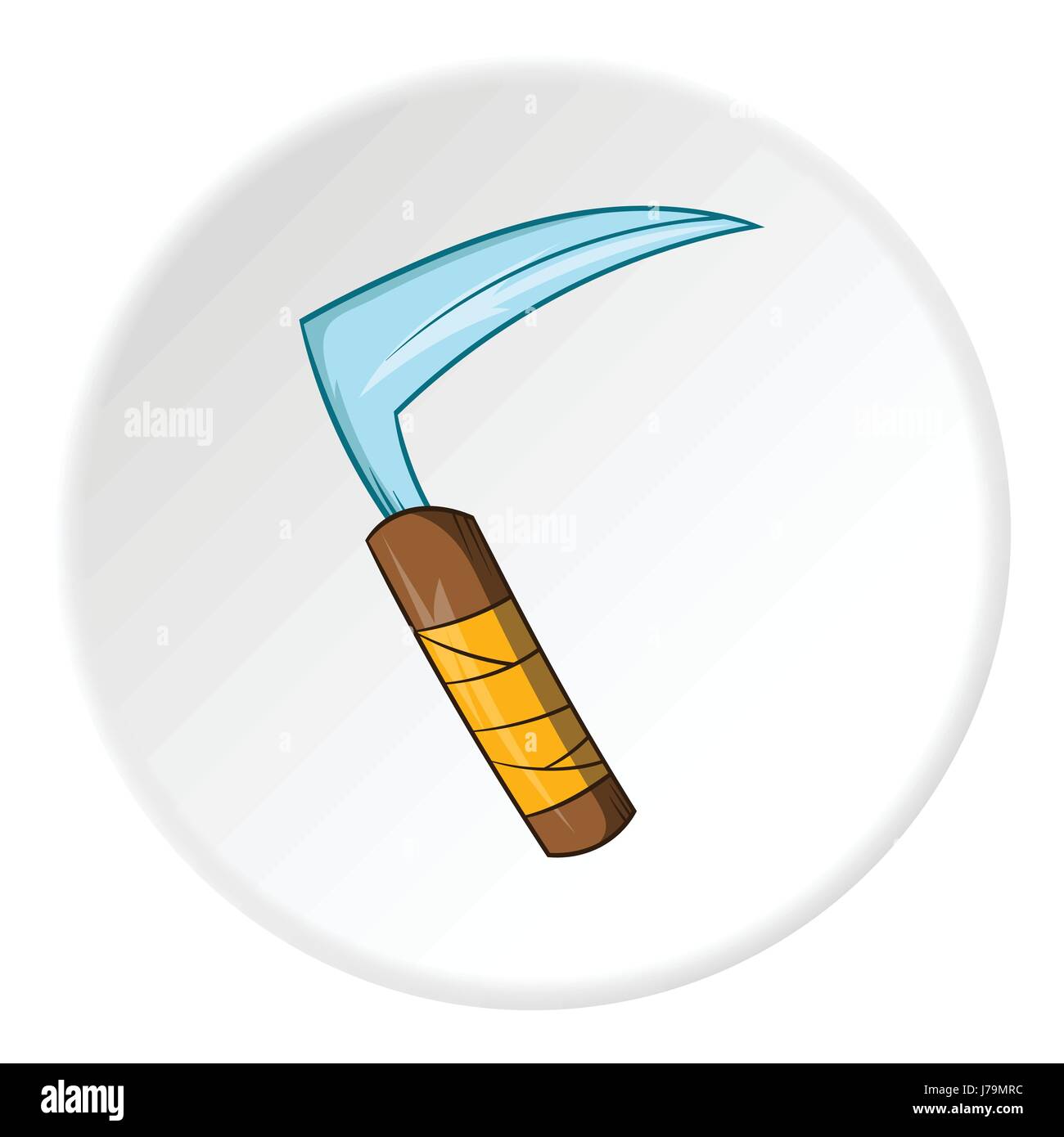 Scythe icon in cartoon style isolated on white circle background ...