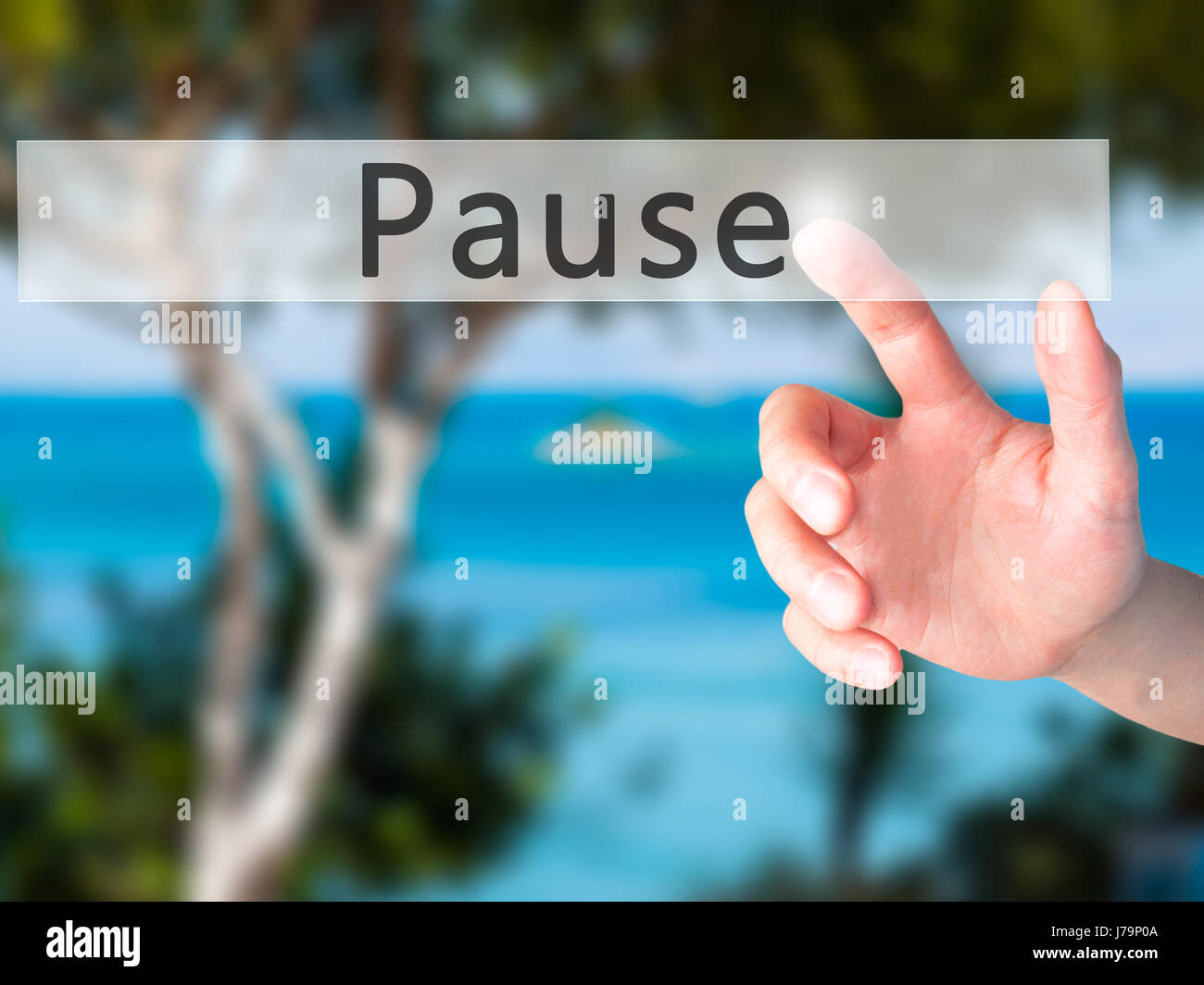 Pause - Hand pressing a button on blurred background concept . Business ...