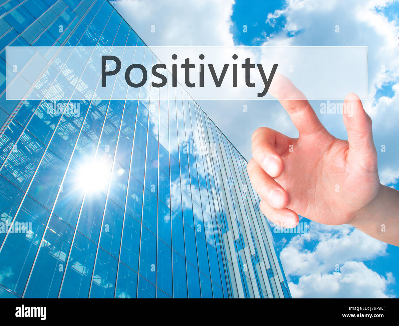 Positivity - Hand pressing a button on blurred background concept ...