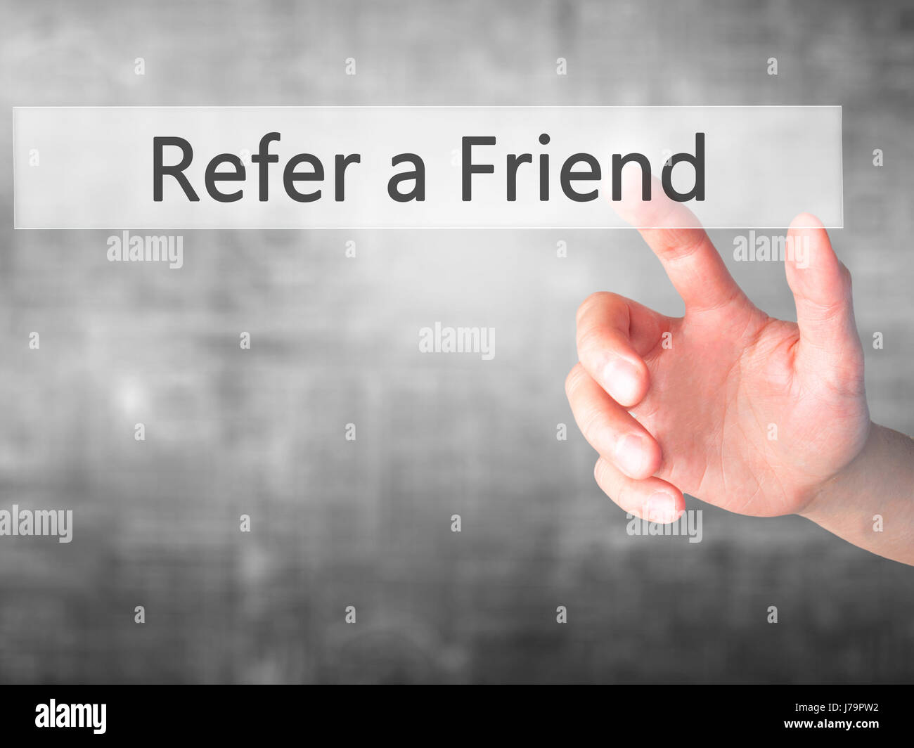 Refer a Friend - Hand pressing a button on blurred background concept ...