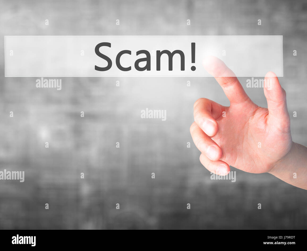 Scam! - Hand pressing a button on blurred background concept . Business ...