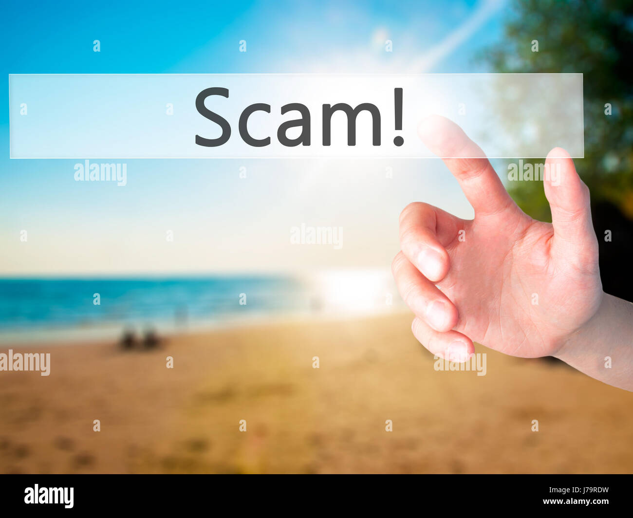 Scam! - Hand pressing a button on blurred background concept . Business ...