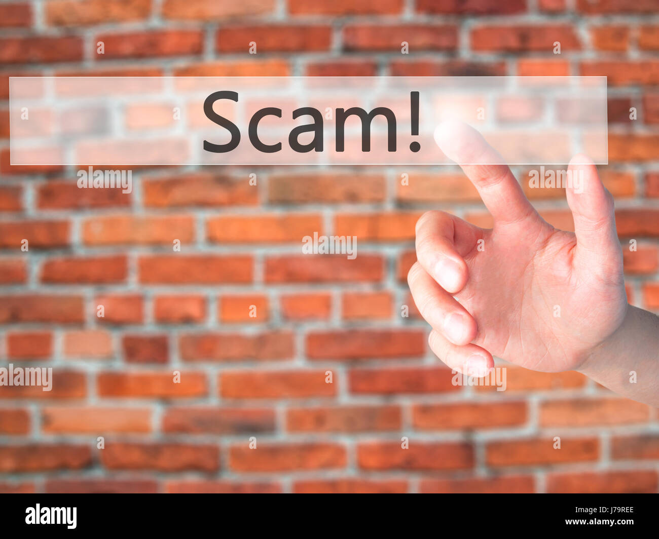 Scam! - Hand pressing a button on blurred background concept . Business ...