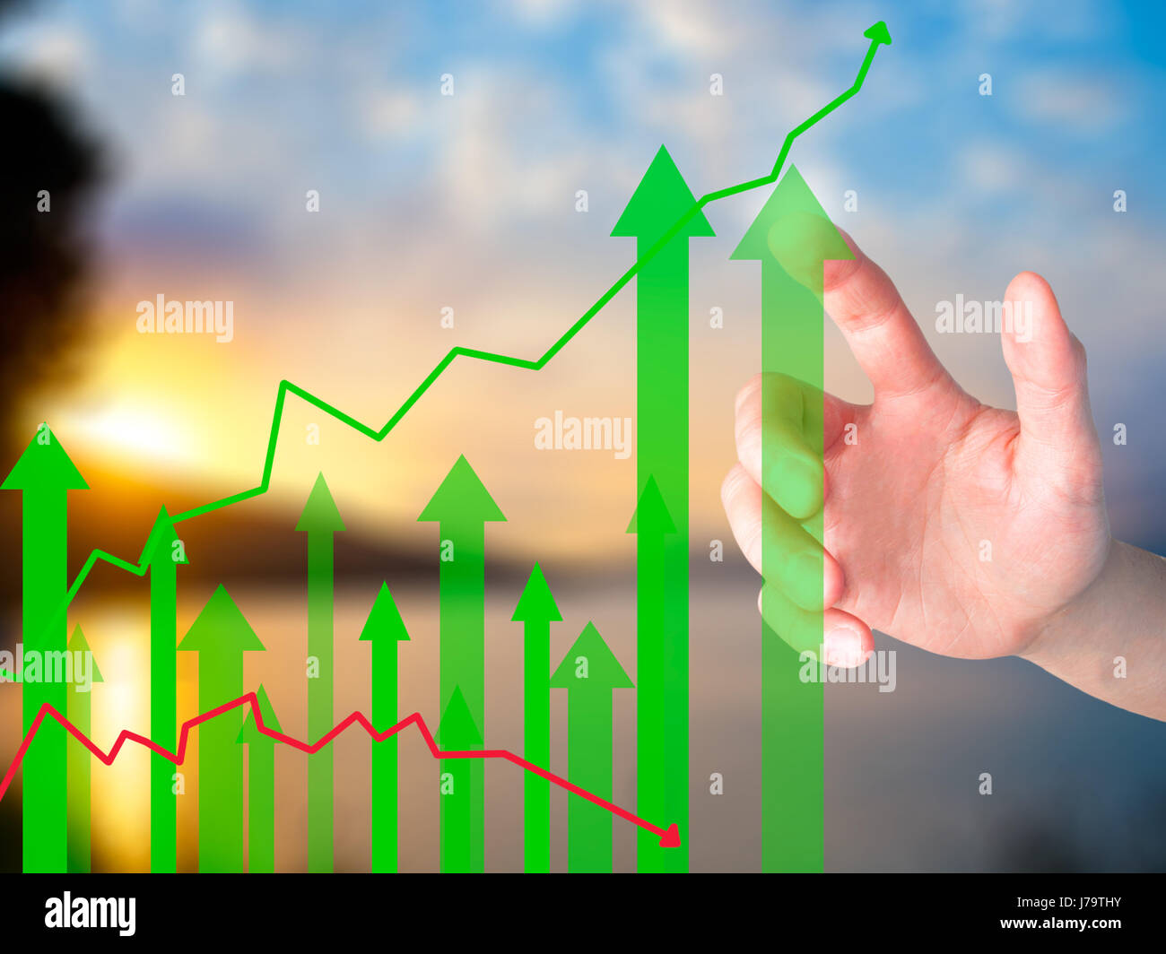 Businessman hand pressing Sales Growth Graph on virtual screen ...