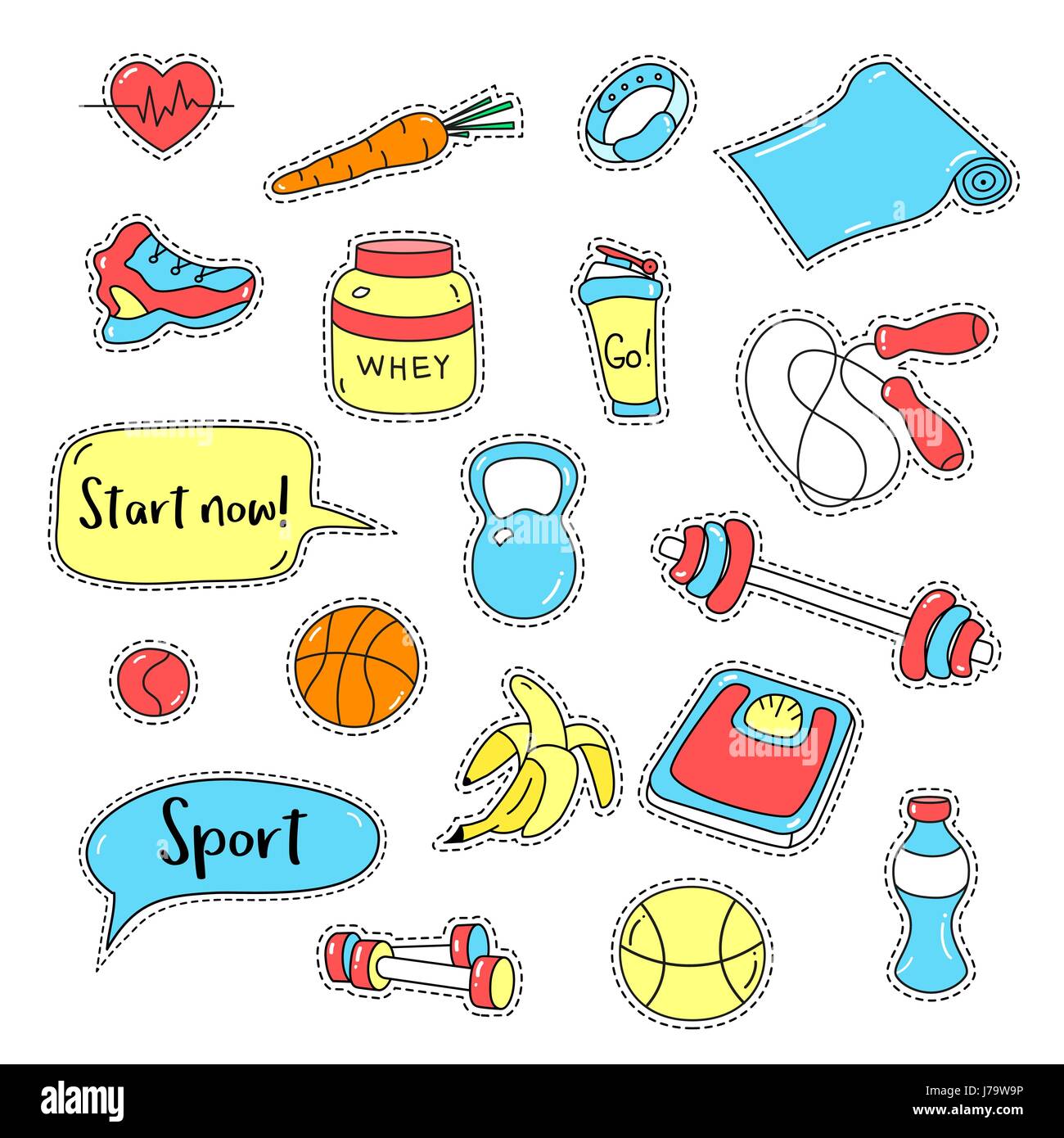 Sport stickers set. Hand drawn fitness patch badges Stock Vector Image ...