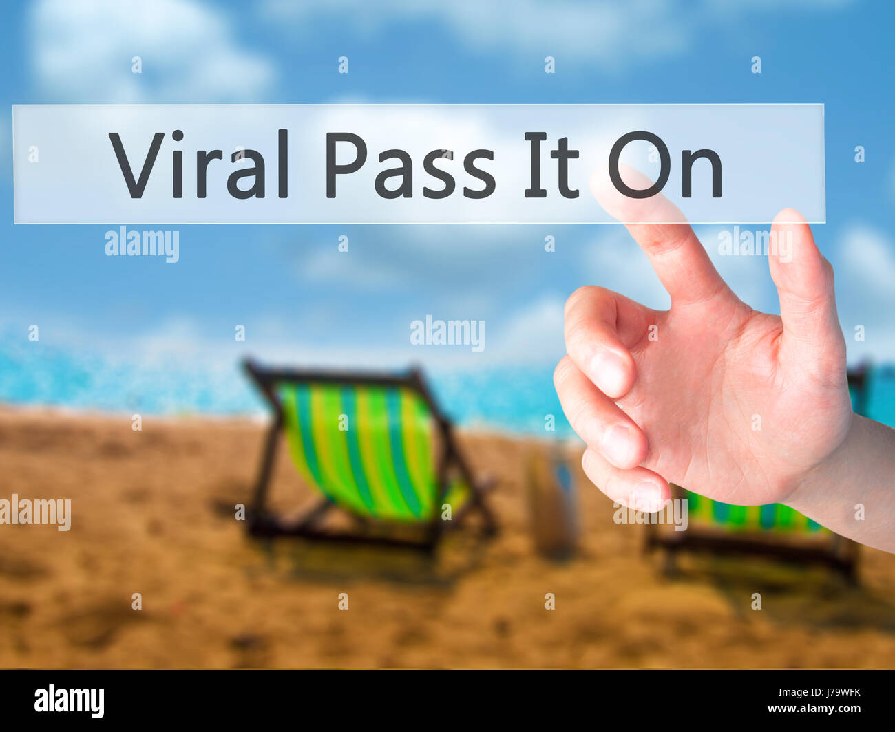 Viral Pass It On - Hand pressing a button on blurred background concept ...