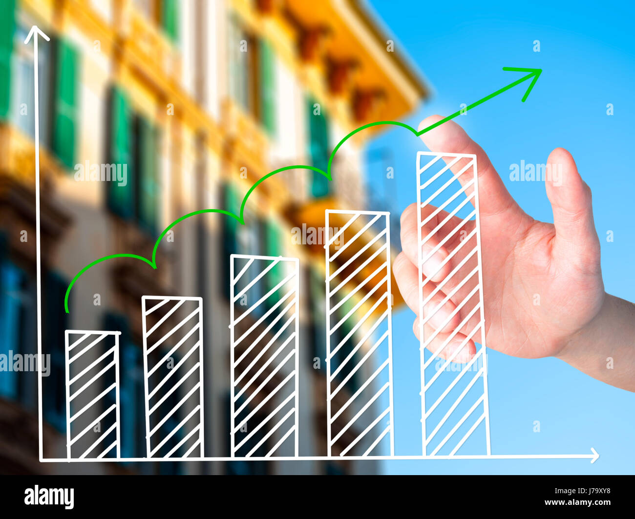 Businessman hand pressing Sales Growth Graph on virtual screen ...