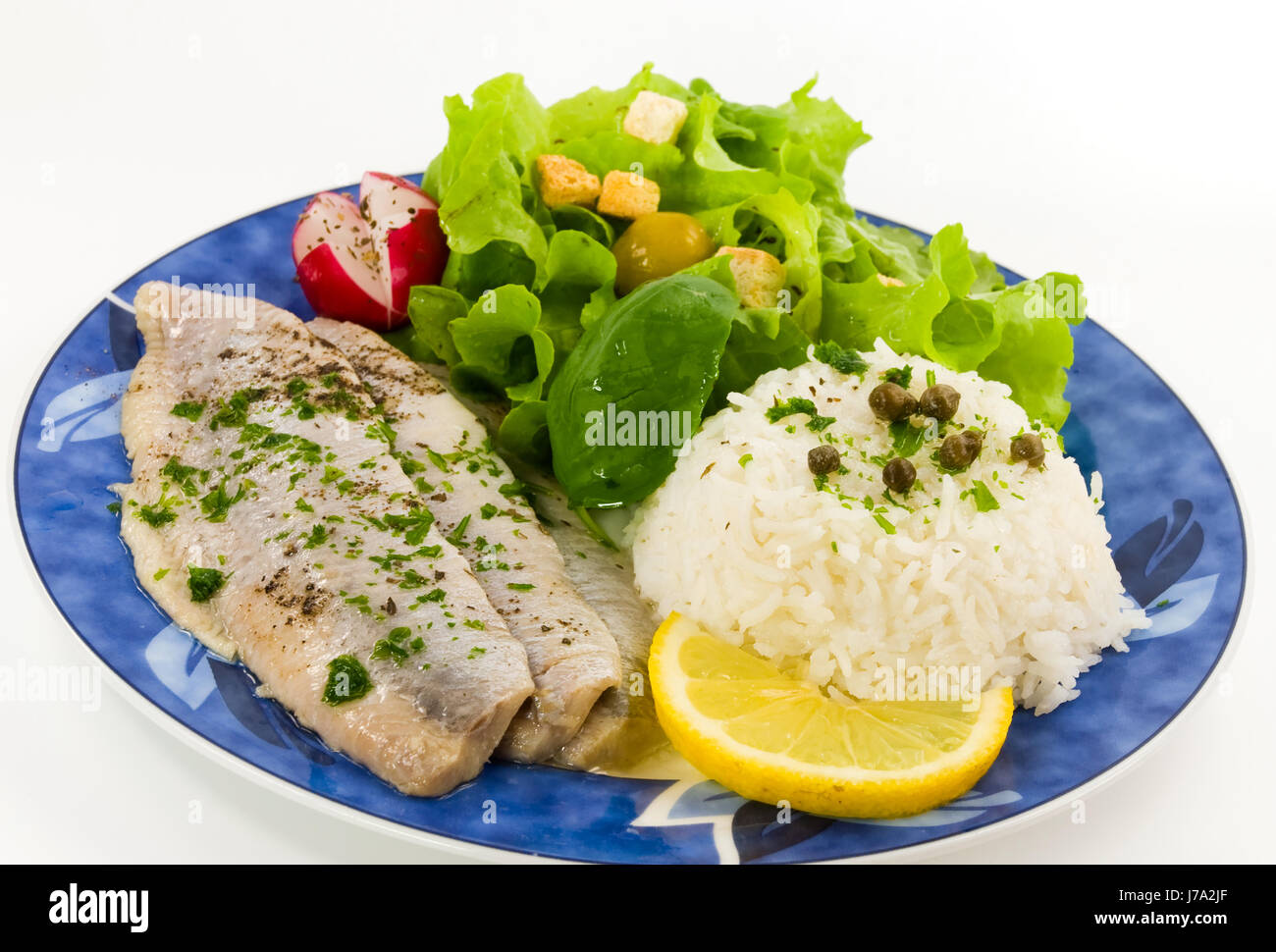 fish - filet,fried,with rice,sa Stock Photo - Alamy
