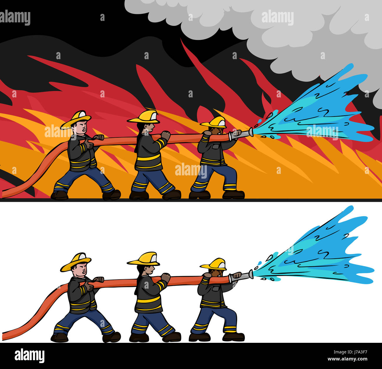 fire conflagration three fireman woman smoke smoking smokes fume danger ...