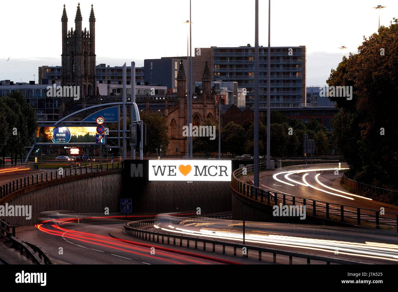 A "We Love Manchester" sign on the Mancunian Way in Manchester, after ...