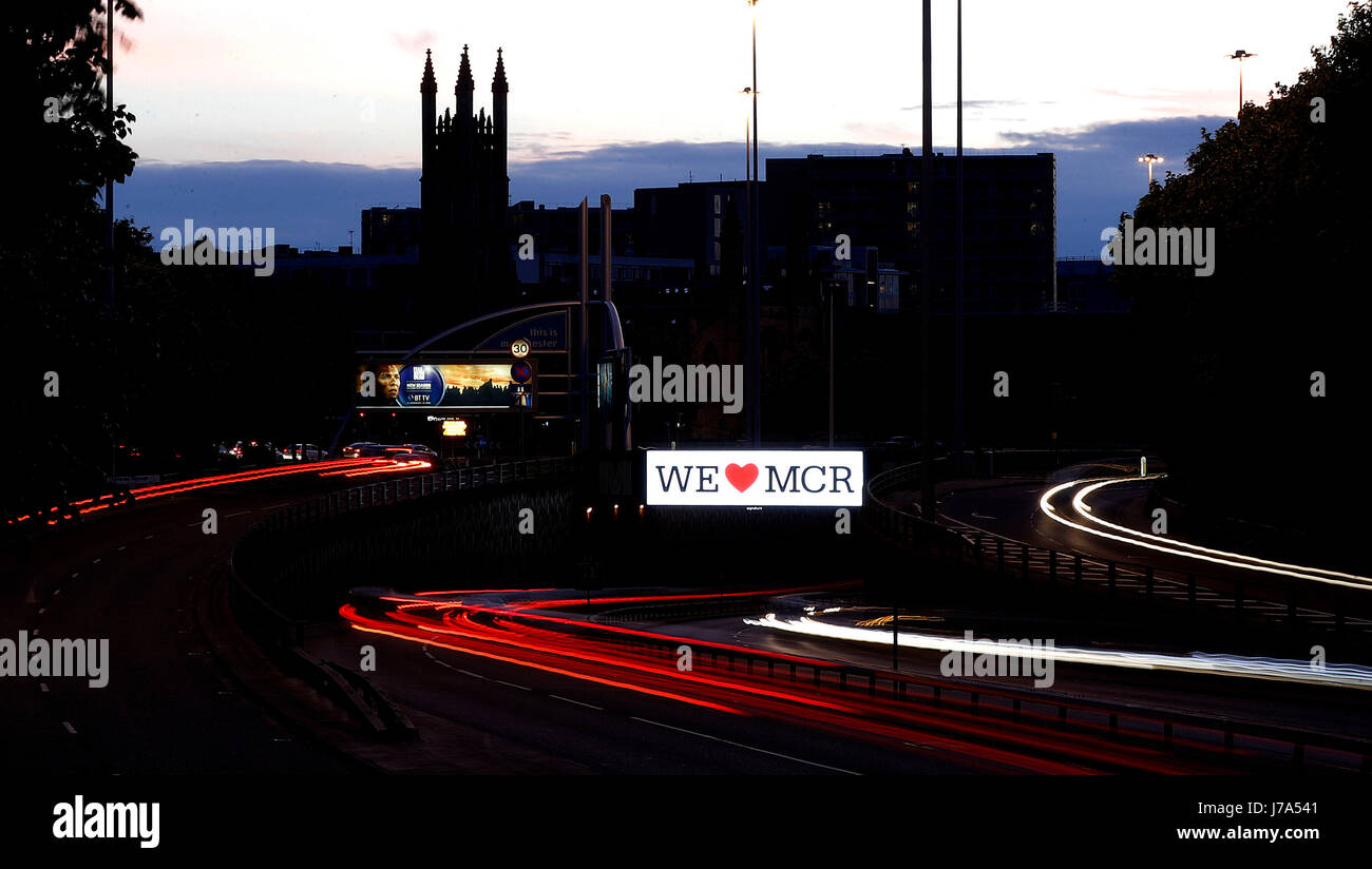 A We Love Manchester sign on the Mancunian Way in Manchester, after the ...