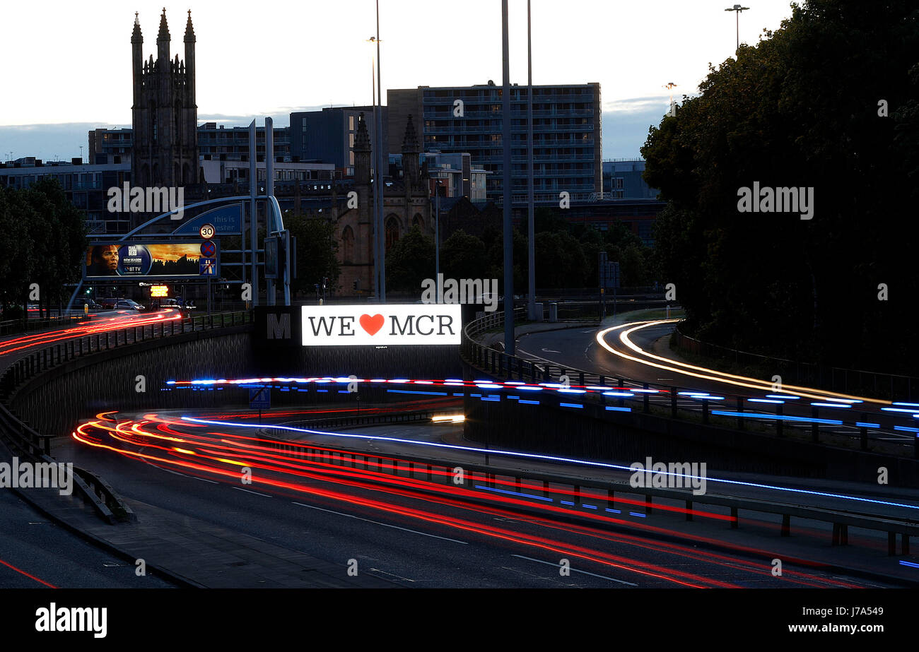 A We Love Manchester sign on the Mancunian Way in Manchester, after the ...