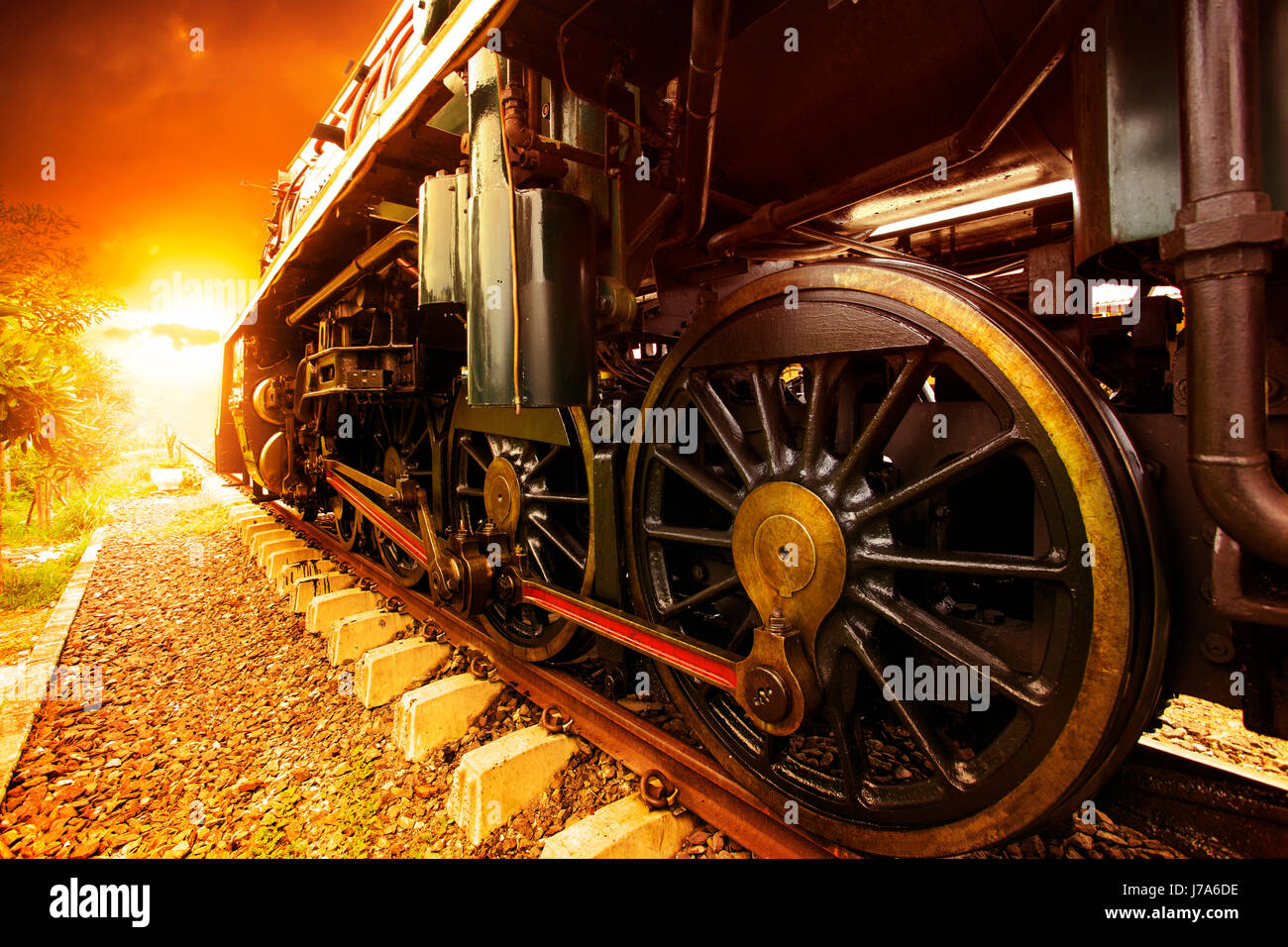 iron wheels of stream engine locomotive train on railways track ...