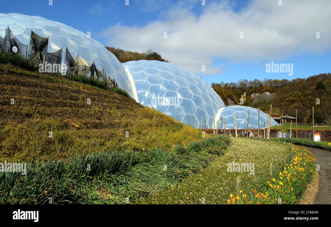 Bodelva, Cornwall, UK - April 4 2017: Exterior of the biomes at the ...