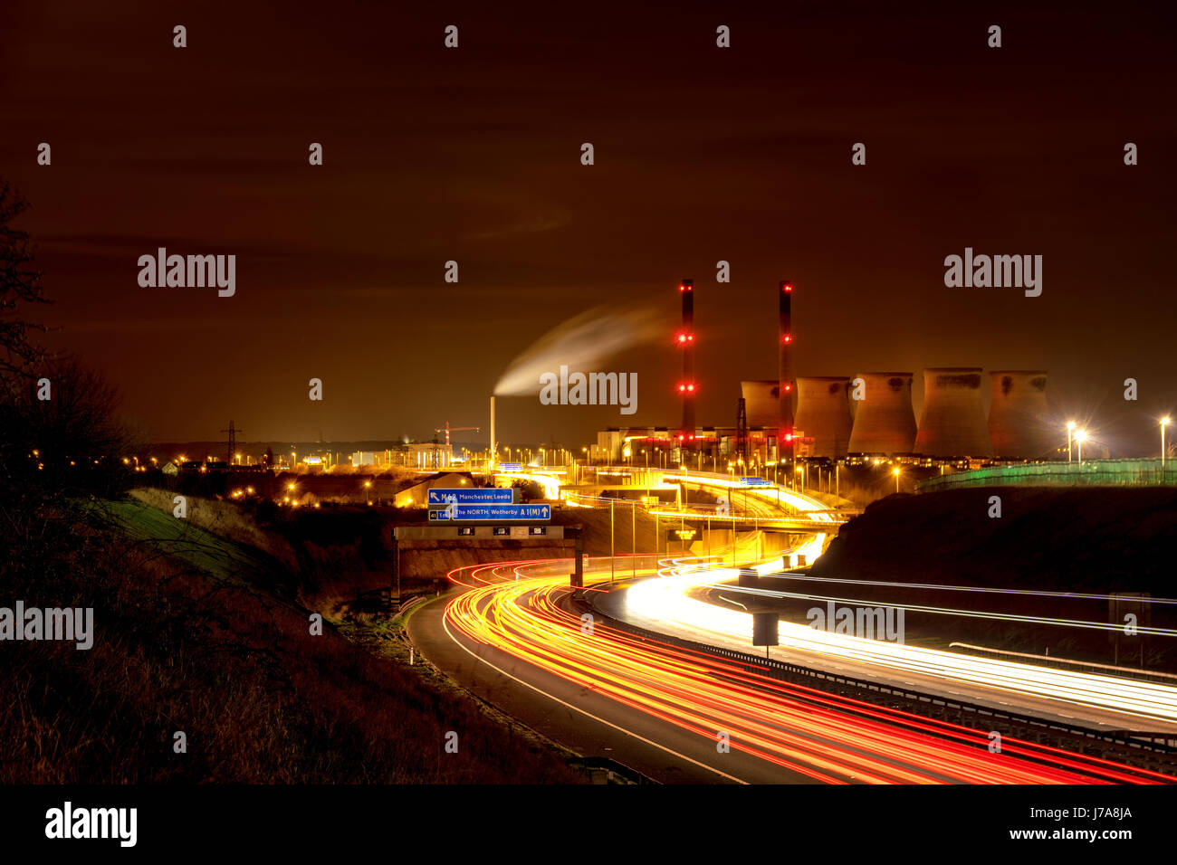 UK, England, West Yorkshire, view to Ferrybridge power station by night ...