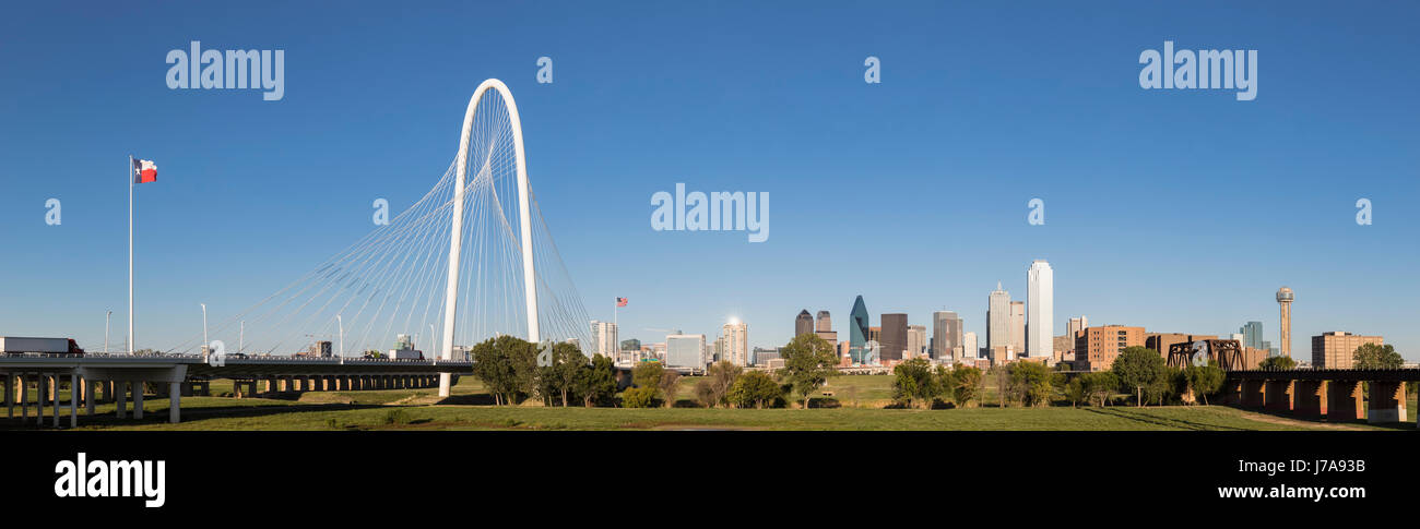 USA, Texas, Dallas, panorama of Margaret Hunt Hill Bridge, railway ...