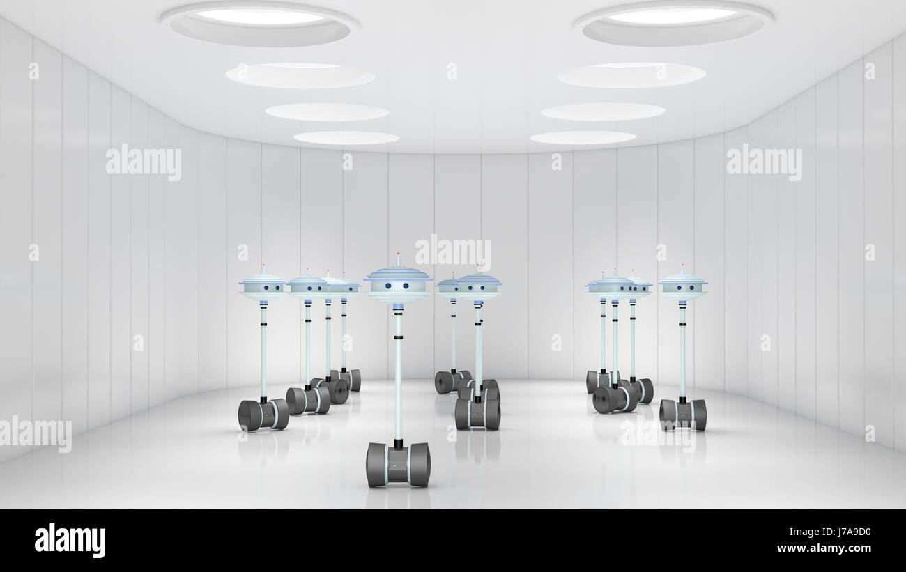 Robots in futuristic room, 3d rendering Stock Photo - Alamy