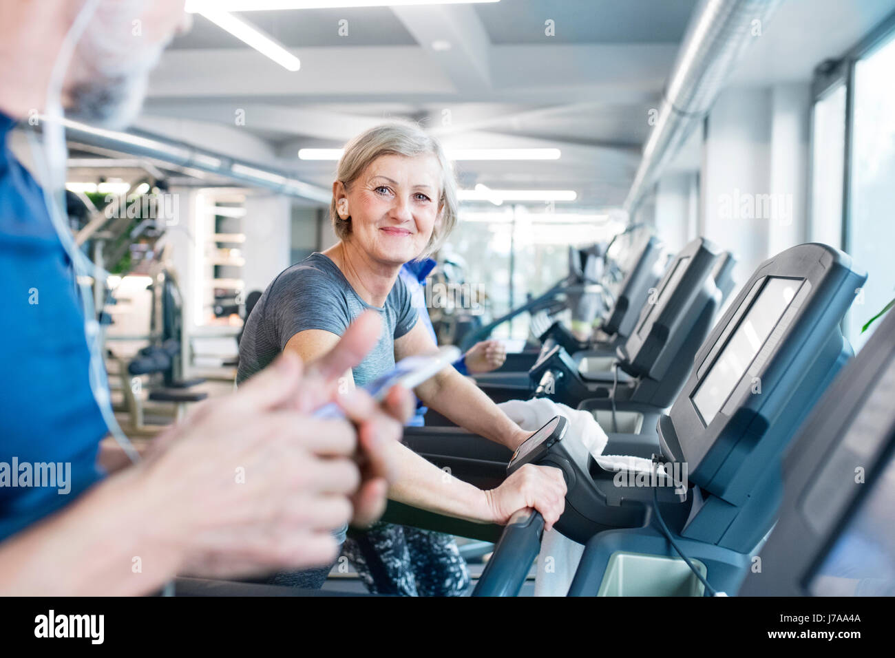 Group of fit seniors on treadmills working out in gym, woman smiling ...