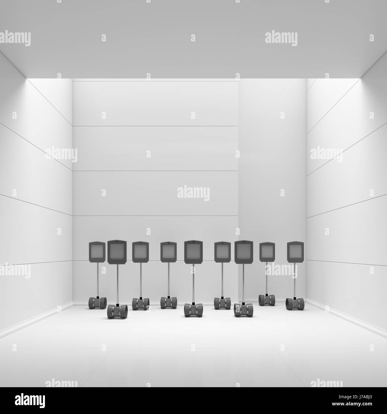 Robots with screens in futuristic room, 3d rendering Stock Photo - Alamy