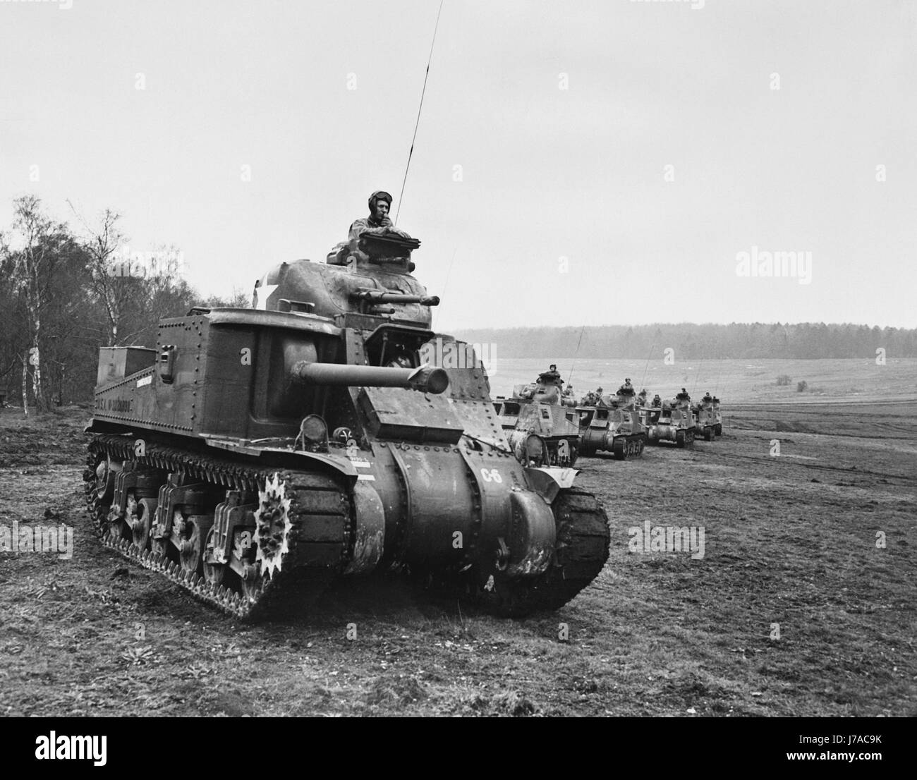 United States tanks during group maneuvers somewhere in England, circa ...