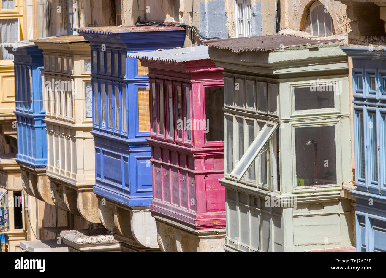 Valletta, capital of Malta, typical, wood-clad balconies, bay windows ...