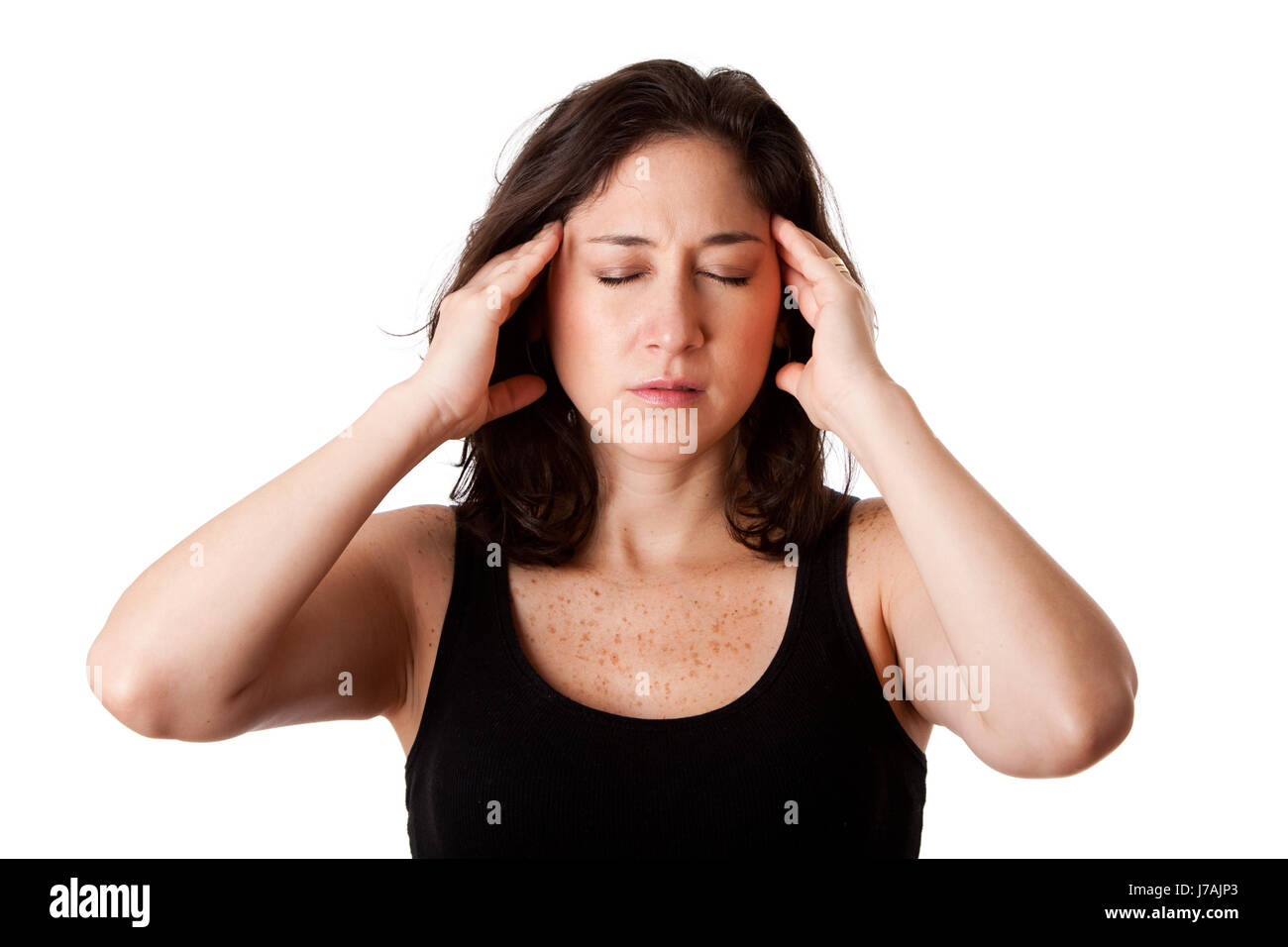 woman pain concentration headache ache sick ill head woman hand hands ...